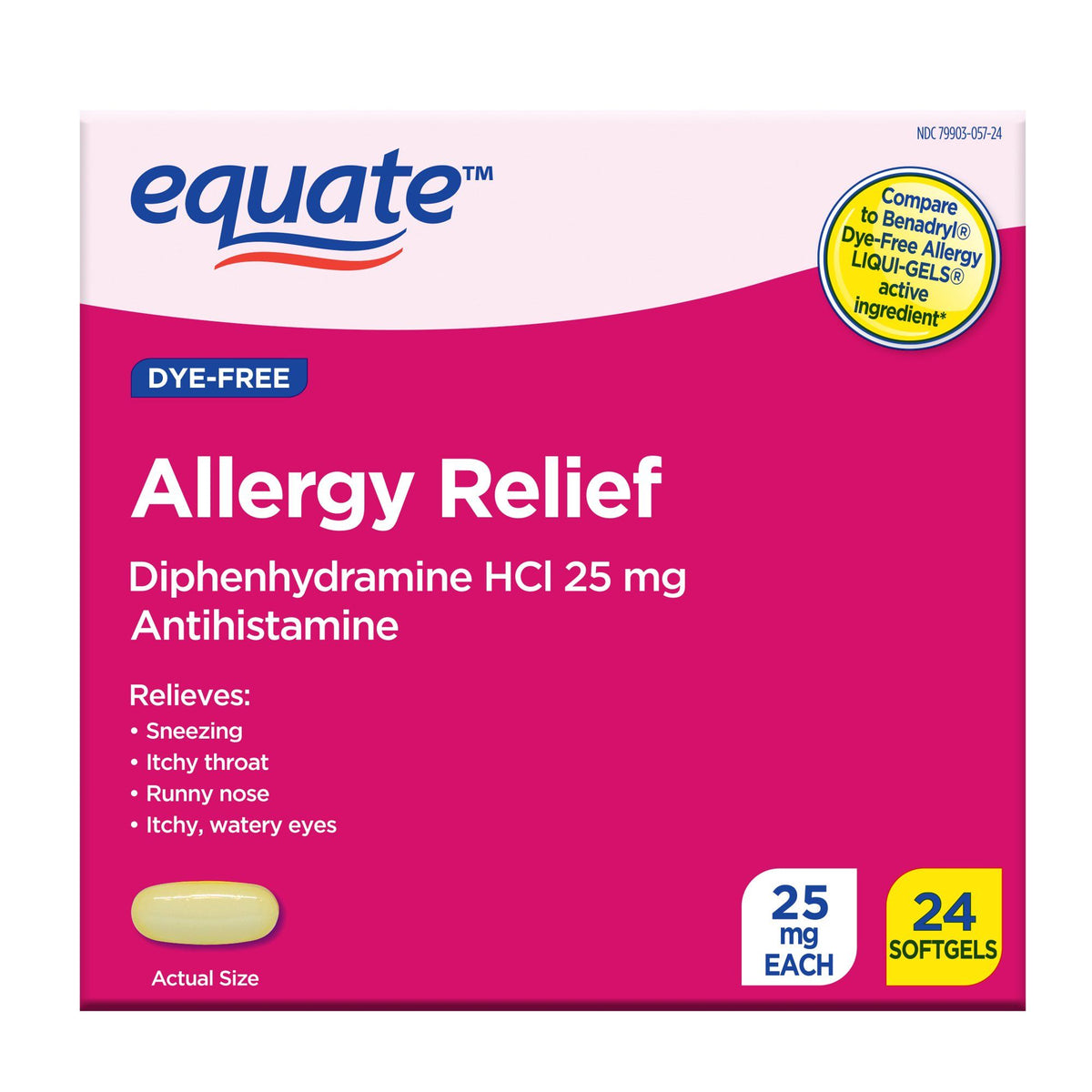 Equate Allergy Relief Softgels with Diphenhydramine Hcl; 25mg Antihist ...